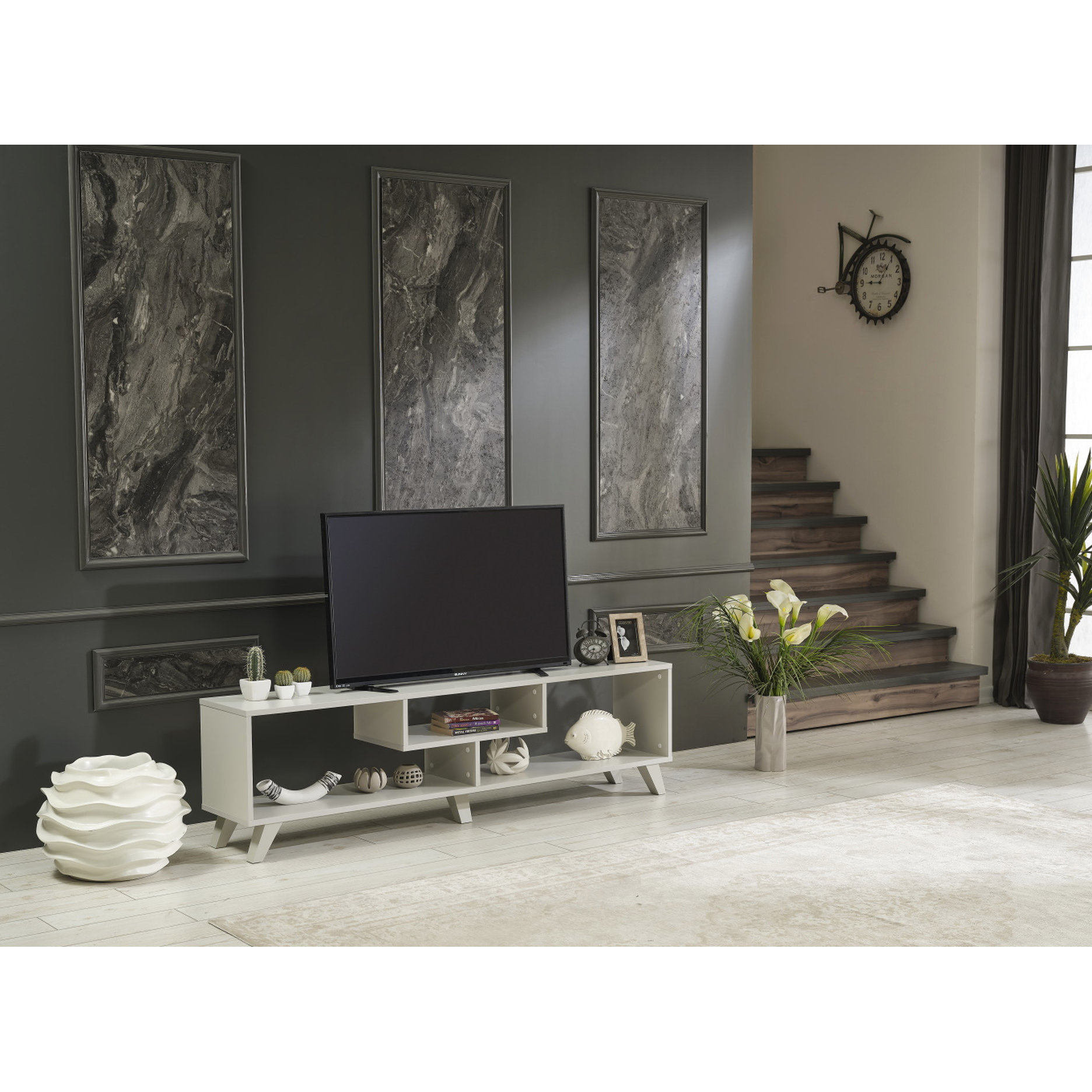 Latitude Run® Grey Solid Wood Entertainment Unit, 67 Inch Mid Century ...
