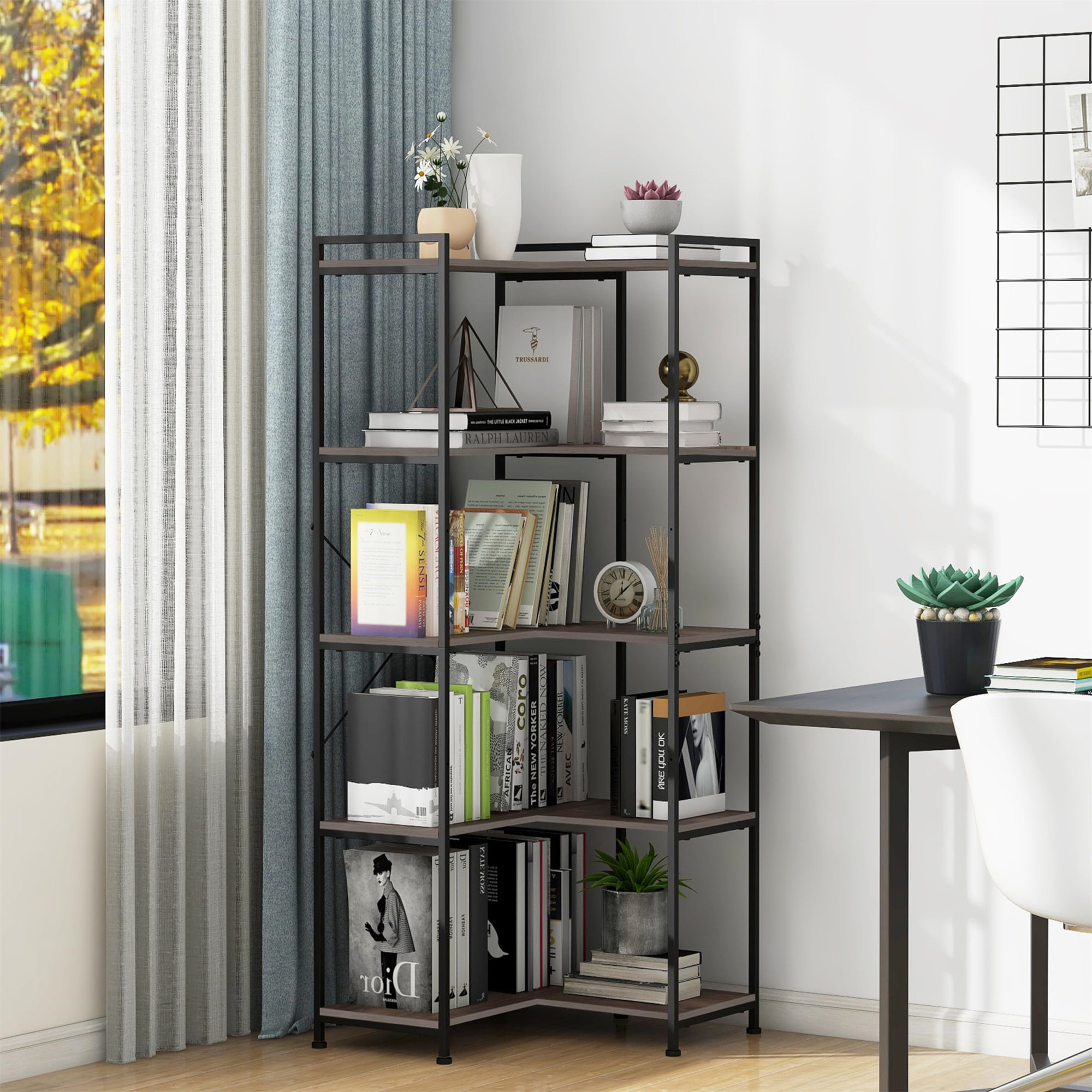 Williston Forge 5-Layer Corner Bookcase, Free-Standing Transformable L ...