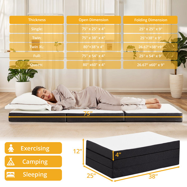 Alwyn Home Colligan Medium 4" Infused Tri-fold Memory Foam Folding ...