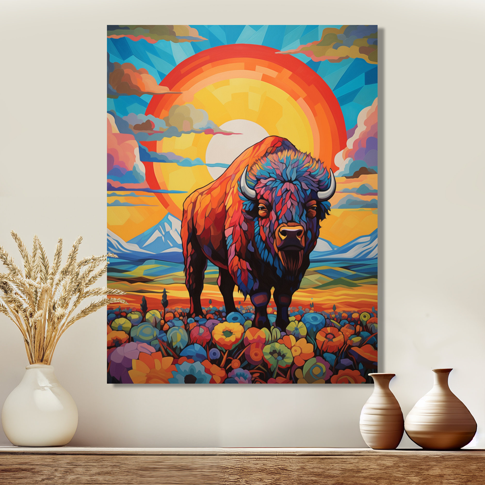 Design Art Bison In Floral Mountain Landscape At Sunset II - Buffalo ...