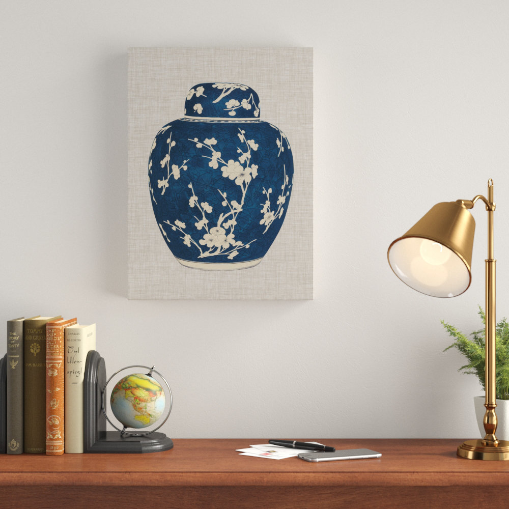 Charlton Home® 'Blue & White Ginger Jar on Linen I' Painting on Wrapped ...