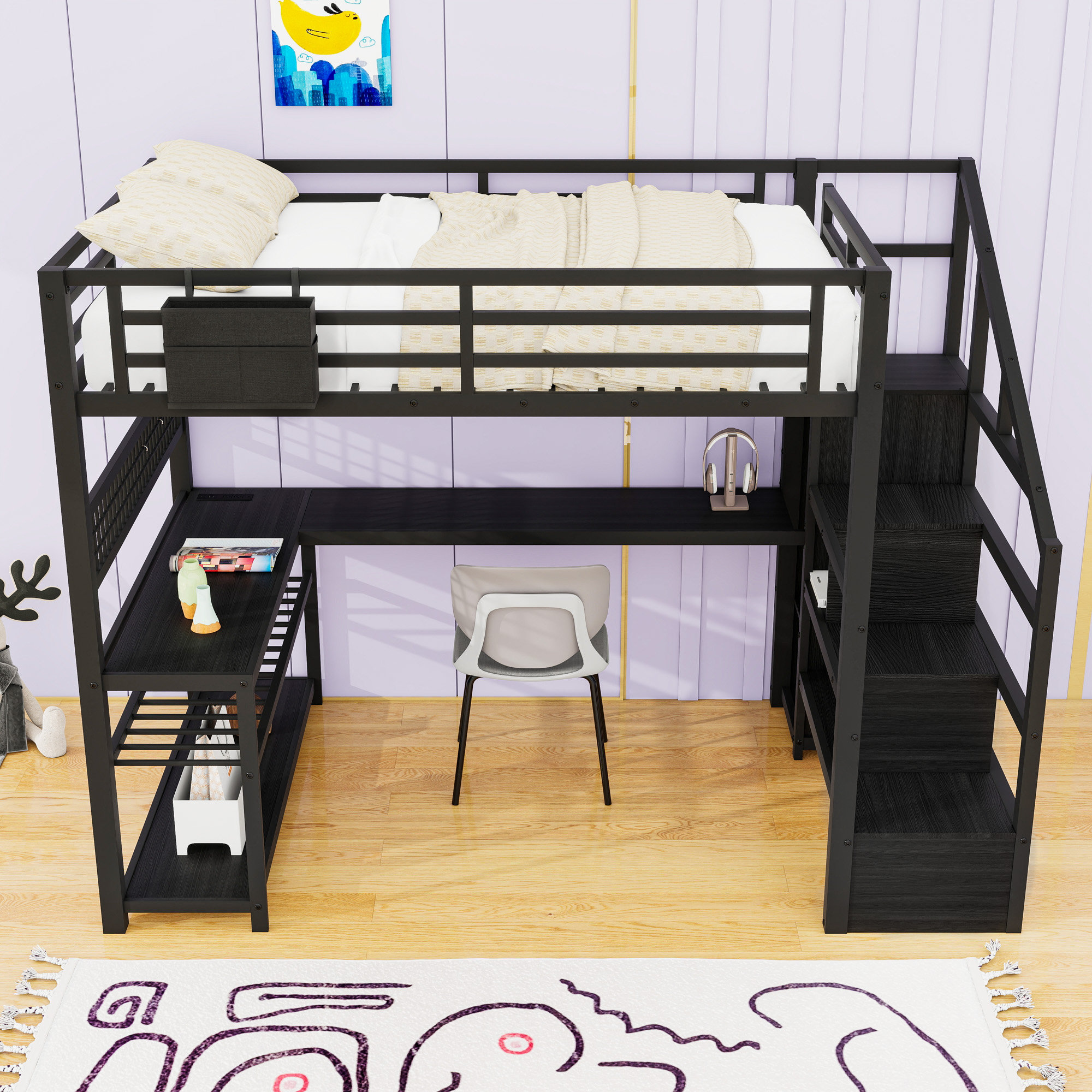 Harriet Bee Full Loft Bed With Storage Stair, Wardrobe, L-Shaped Desk ...