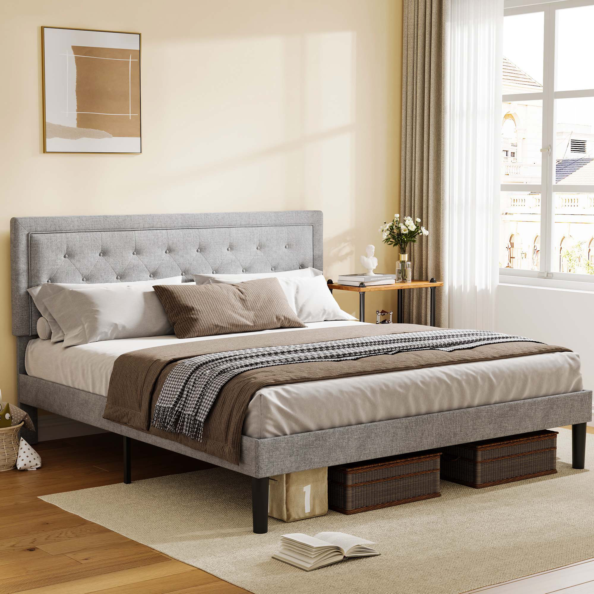 Lark Manor™ Light Grey Bed Frame With Adjustable Border Headboard | Wayfair