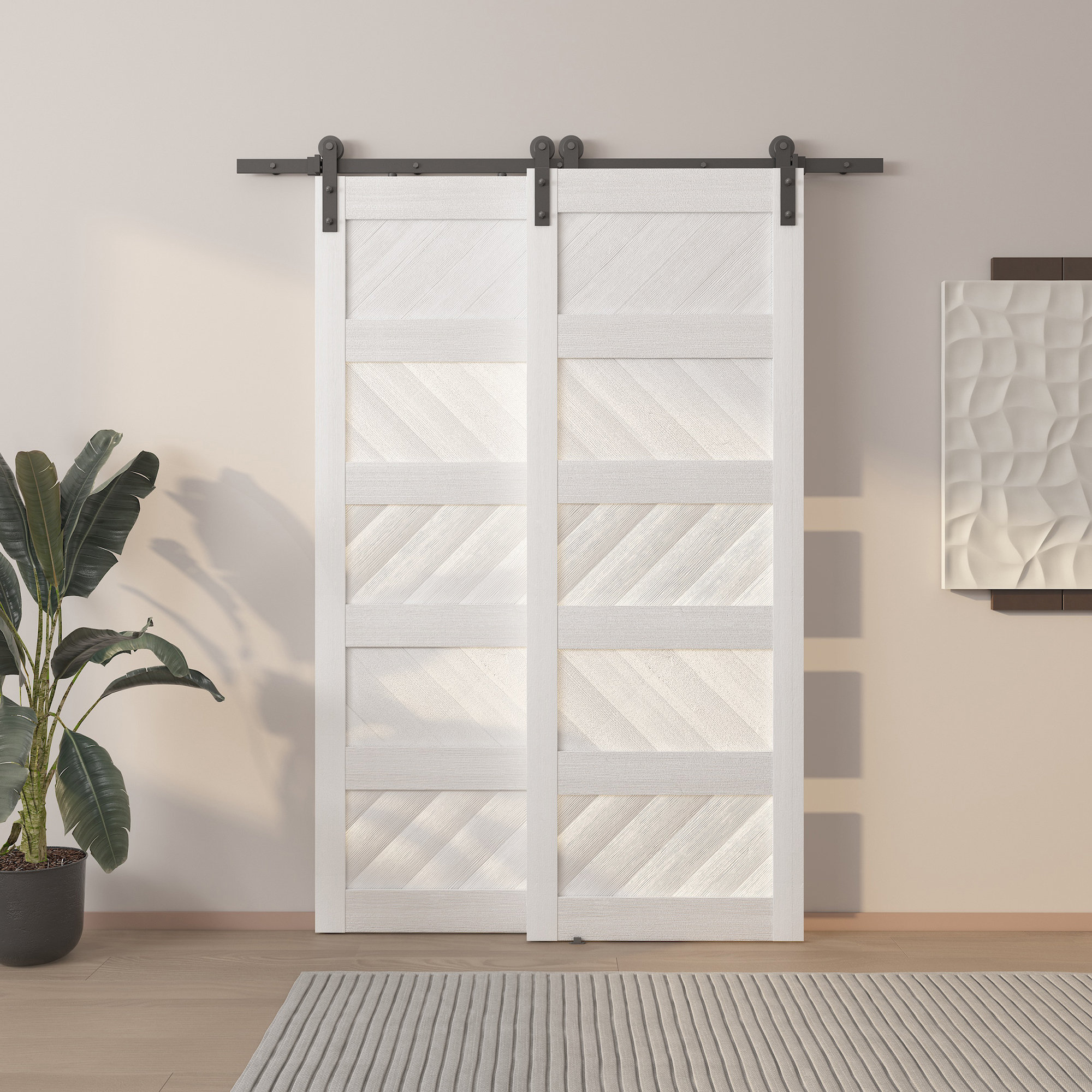 JUBEST Manufactured Wood Paneled Wave Design Bypass Barn Door Double ...