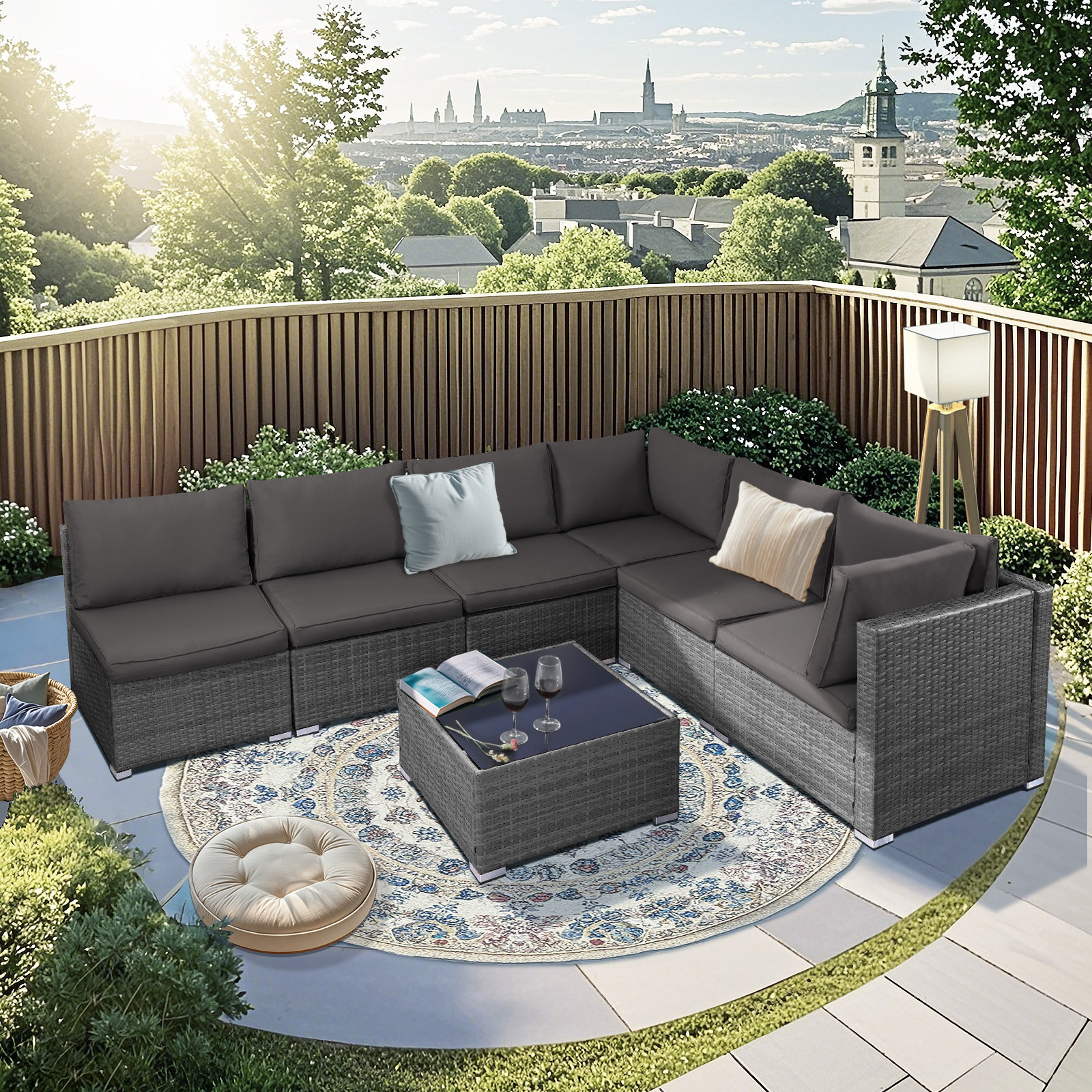 Ebern Designs 7 Pieces Outdoor Sectional Furniture Set, Patio Wicker ...