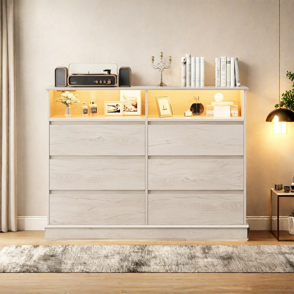 Wrought Studio Dresser For Bedroom, 6 Drawer Dresser With Led Lights ...