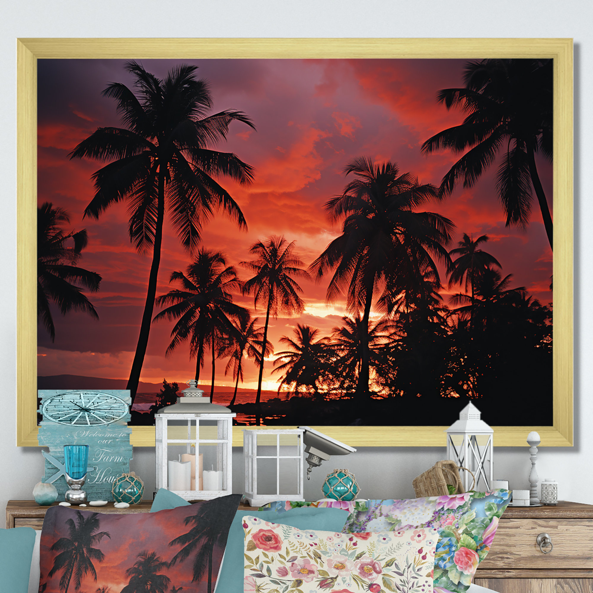 Design Art Palm Tress By The Sea At Sunset - Nautical & Beach Canvas ...