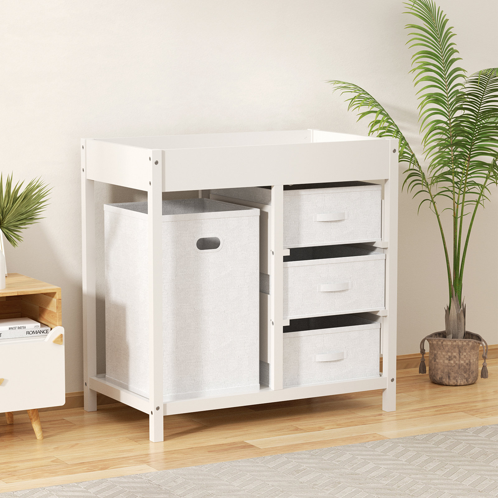 Ebern Designs Baby Changing Table With Laundry Hamper And 3 Storage ...