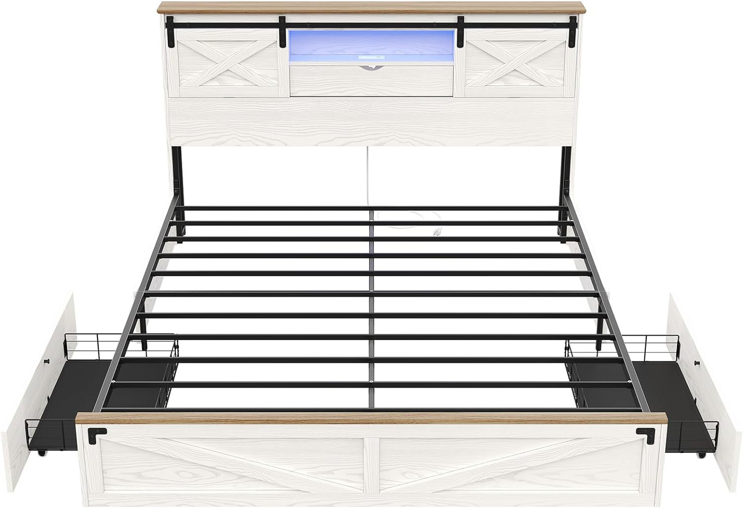 Gracie Oaks Farmhouse Bed Frame With Led Lights And Charging Station ...