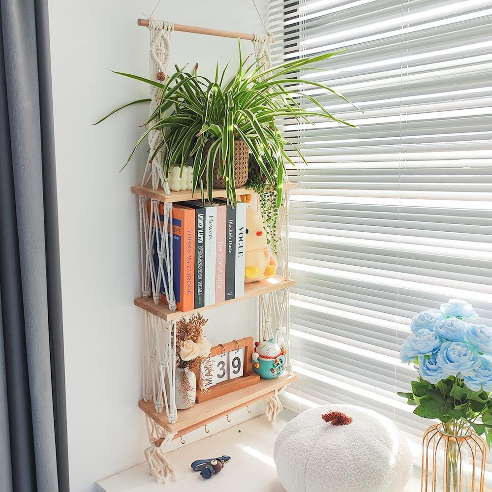 Dakota Fields Wall Hanging Shelves Macrame Boho Floating Plant Photos Storage Rack Wood Shelf ...