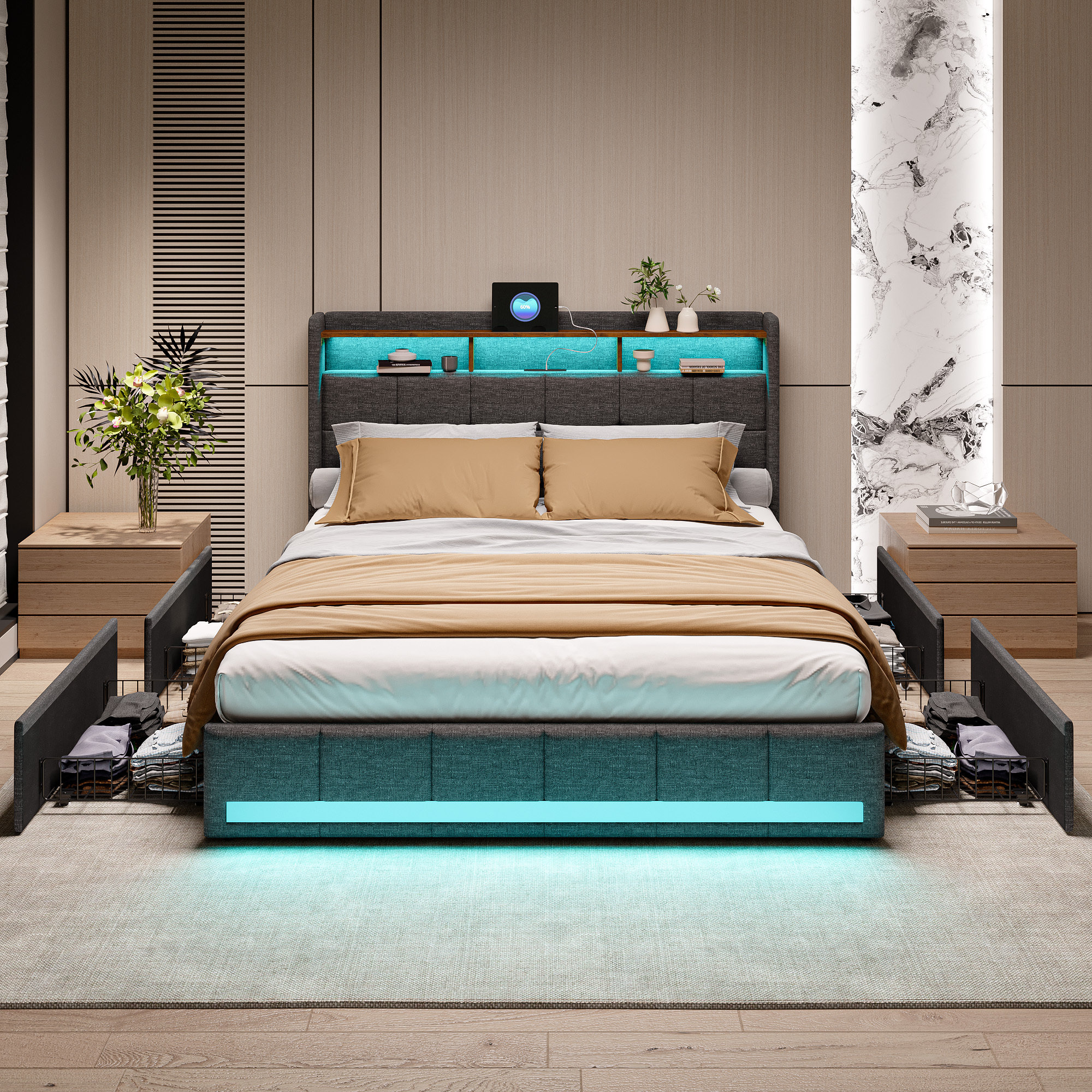 Harriet Bee Modern Fabric Bed Frame With LED Headboard Storage, USB ...