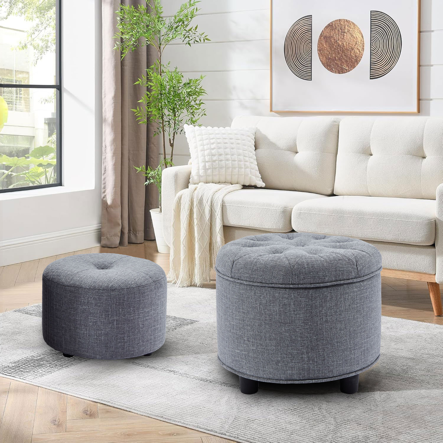 Ebern Designs Upholstered Fabric Button Tufted Round Foot Rest Ottoman ...