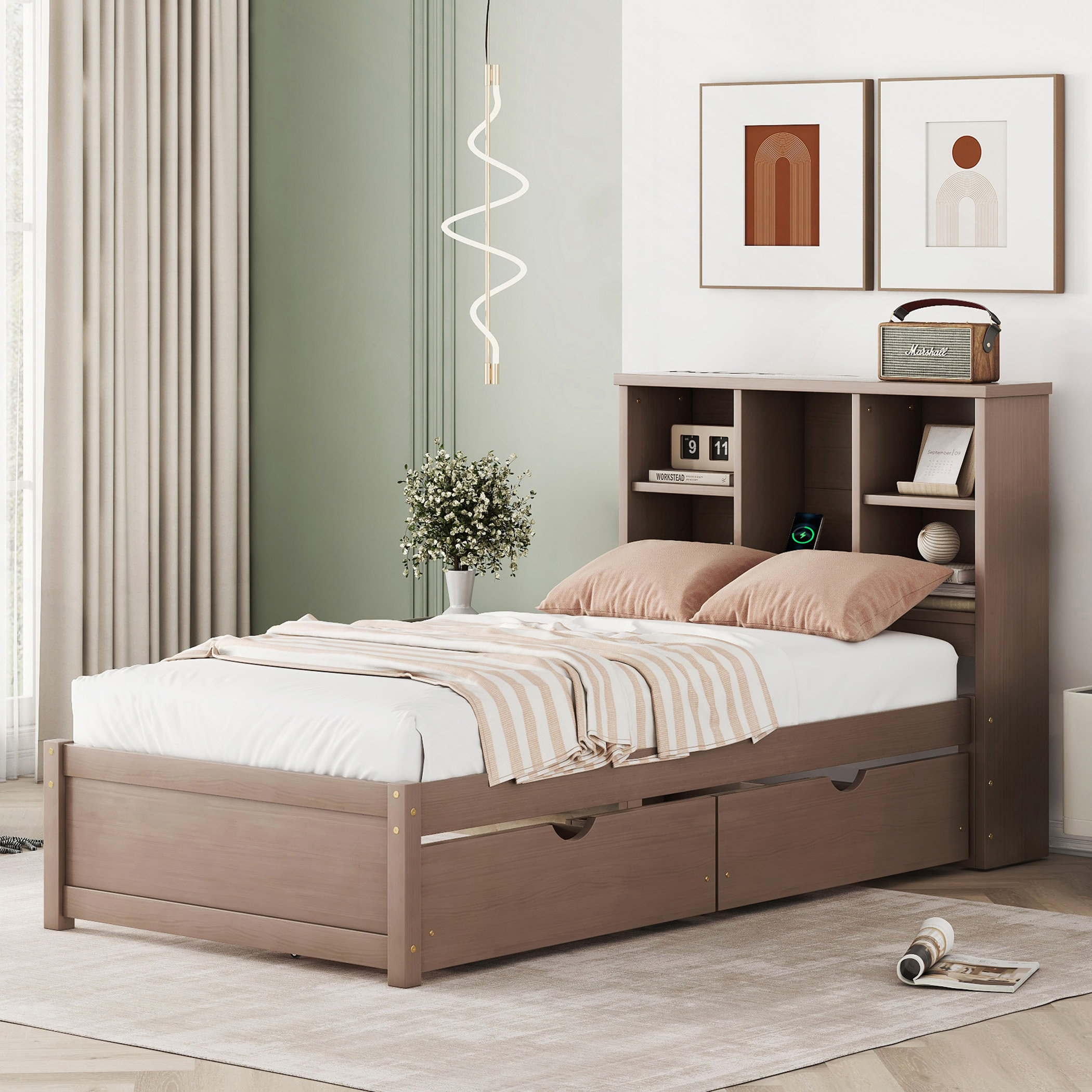 MIAMI CUSTOM FURNITURE & UPHOLSTERY LLC Modern Bed, Bed Frame With Built-In USB Port On Bookcase ...