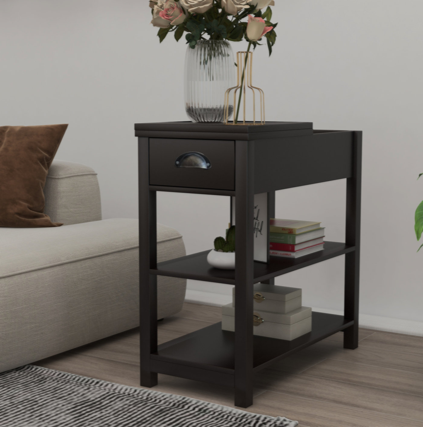 WANDINGT Narrow Sided Table With Drawers Bottom Partition In Flip Over ...