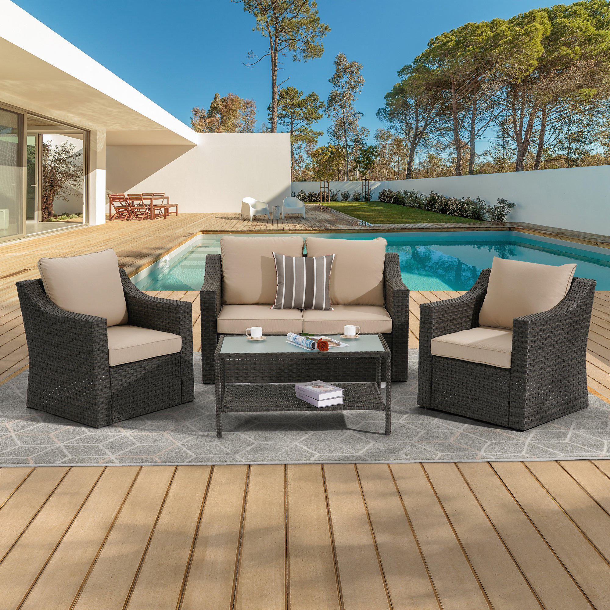 Red Barrel Studio Kameria 4 Piece Rattan Lounge Dining with Cushions ...