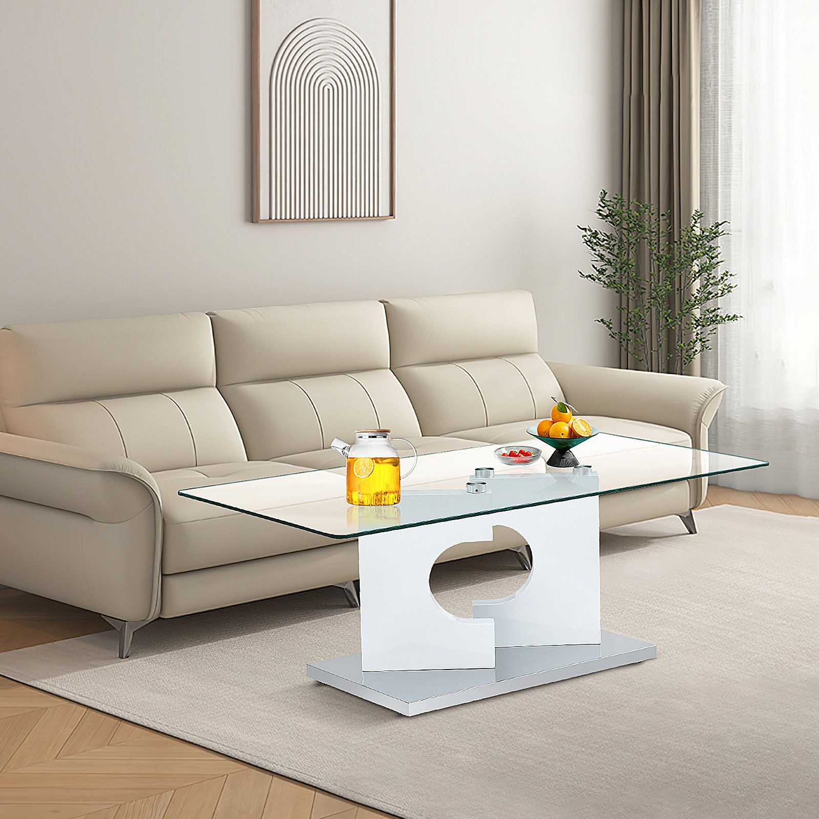 Ivy Bronx 47" Glass Top Coffee Table, Coffee Table With Wooden Mdf ...