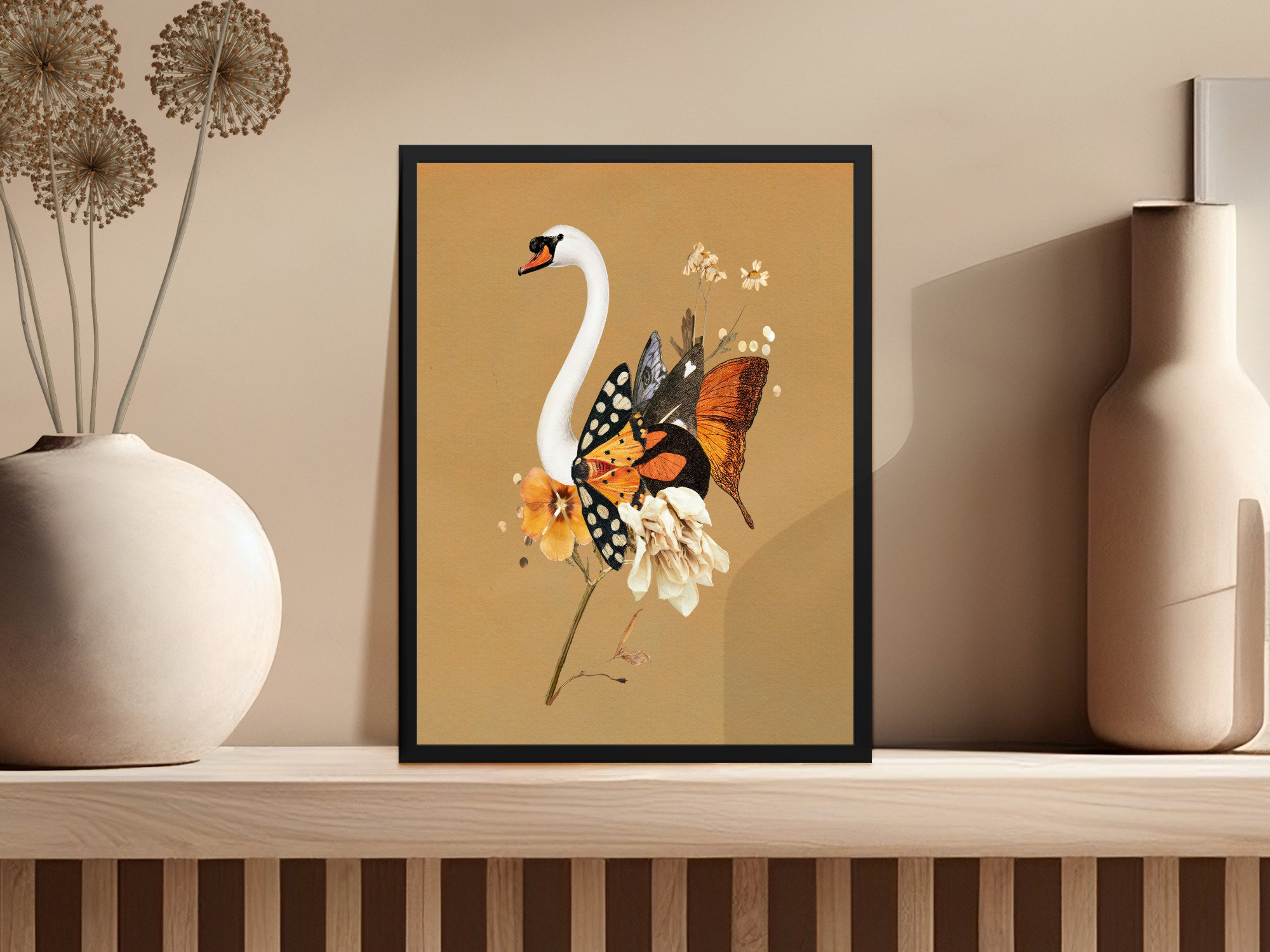 Lark Manor Swan Surrounded with Butterflies Modern Home Decor Framed ...