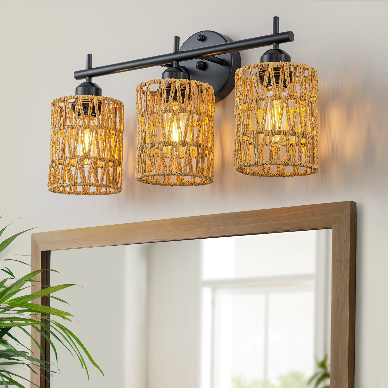 Bayou Breeze Bacarri Wigston Rattan Dimmable Vanity Light | Wayfair