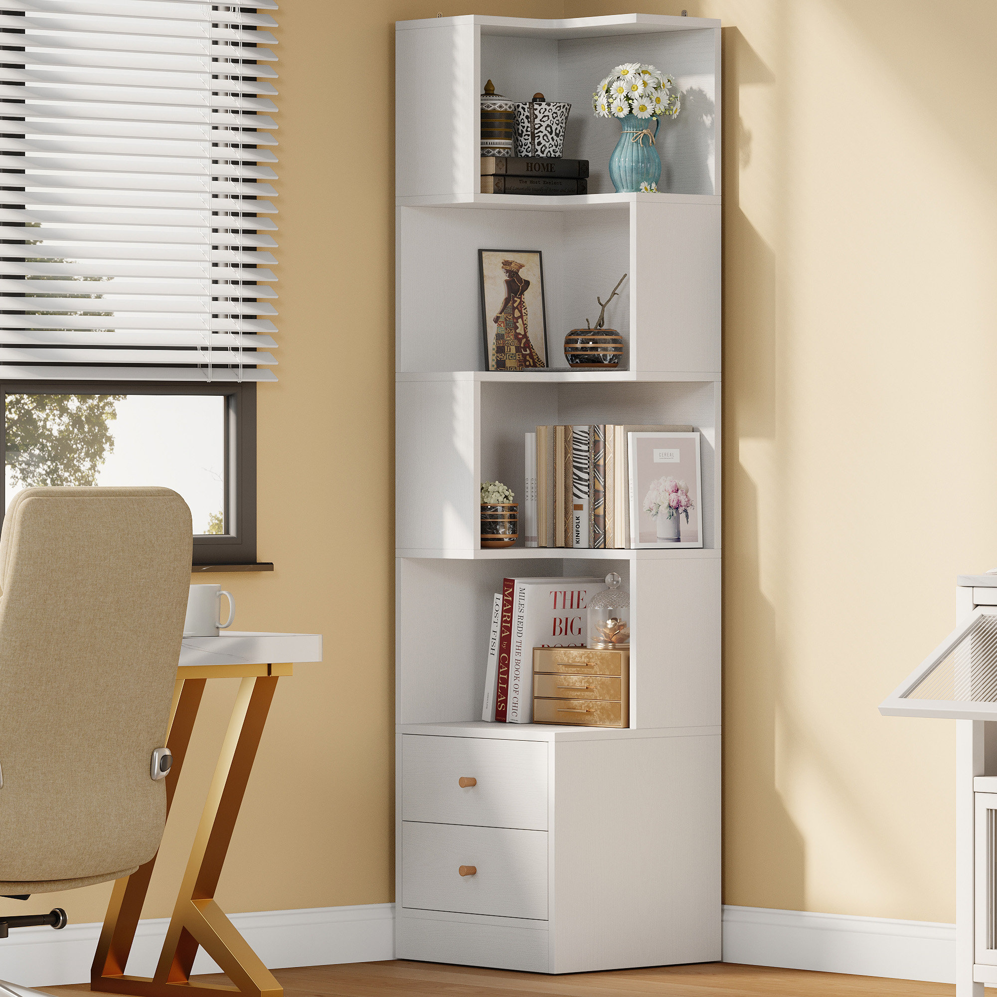 Latitude Run® Corner Bookshelf, 70.87" Tall Corner Bookcase With ...