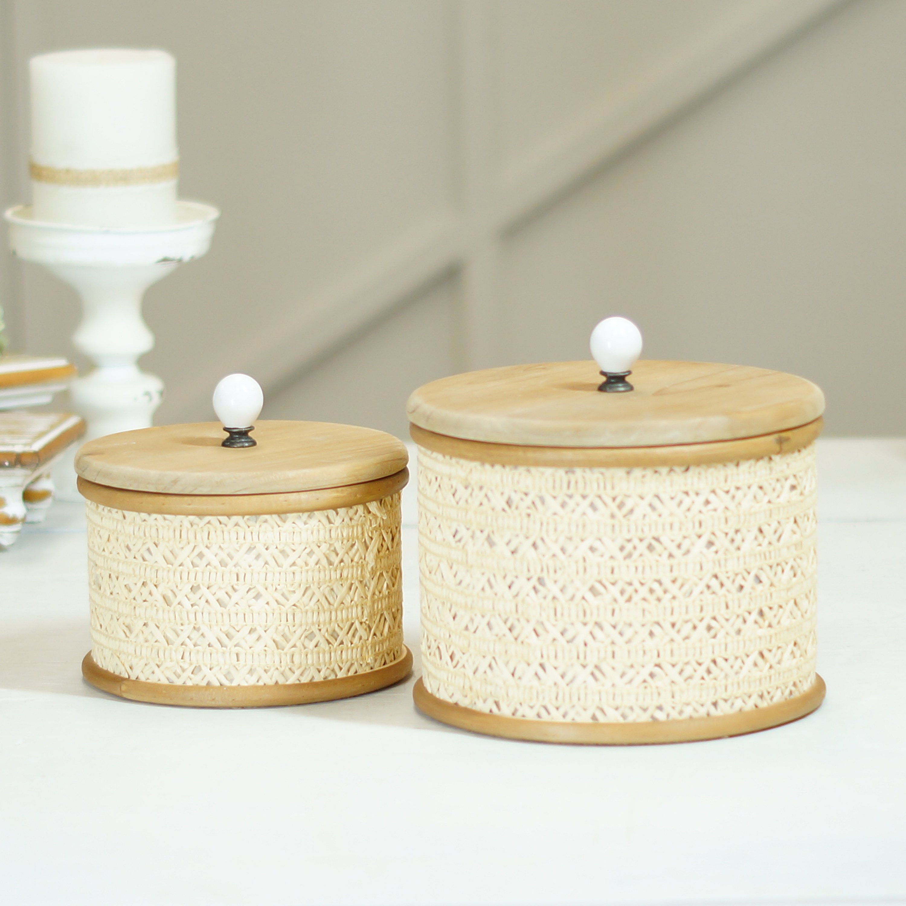Gracie Oaks VIP Wood 6.7 in. Beige Canisters with Woven Edge Set of 2 ...