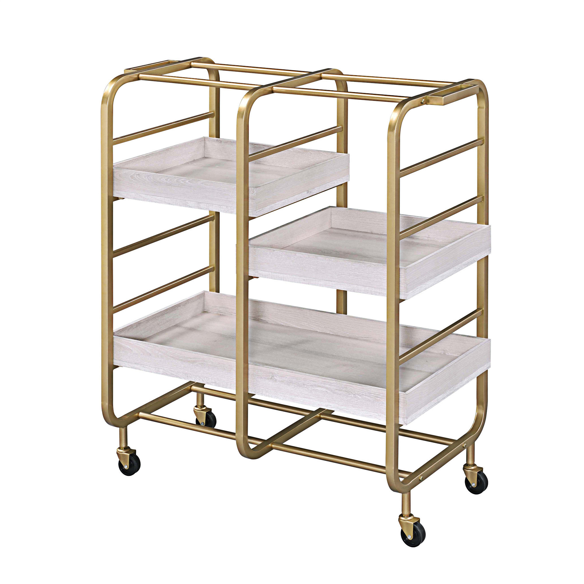 Mercer41 Gold And White Washed Serving Cart With 3 Adjustable Trays ...