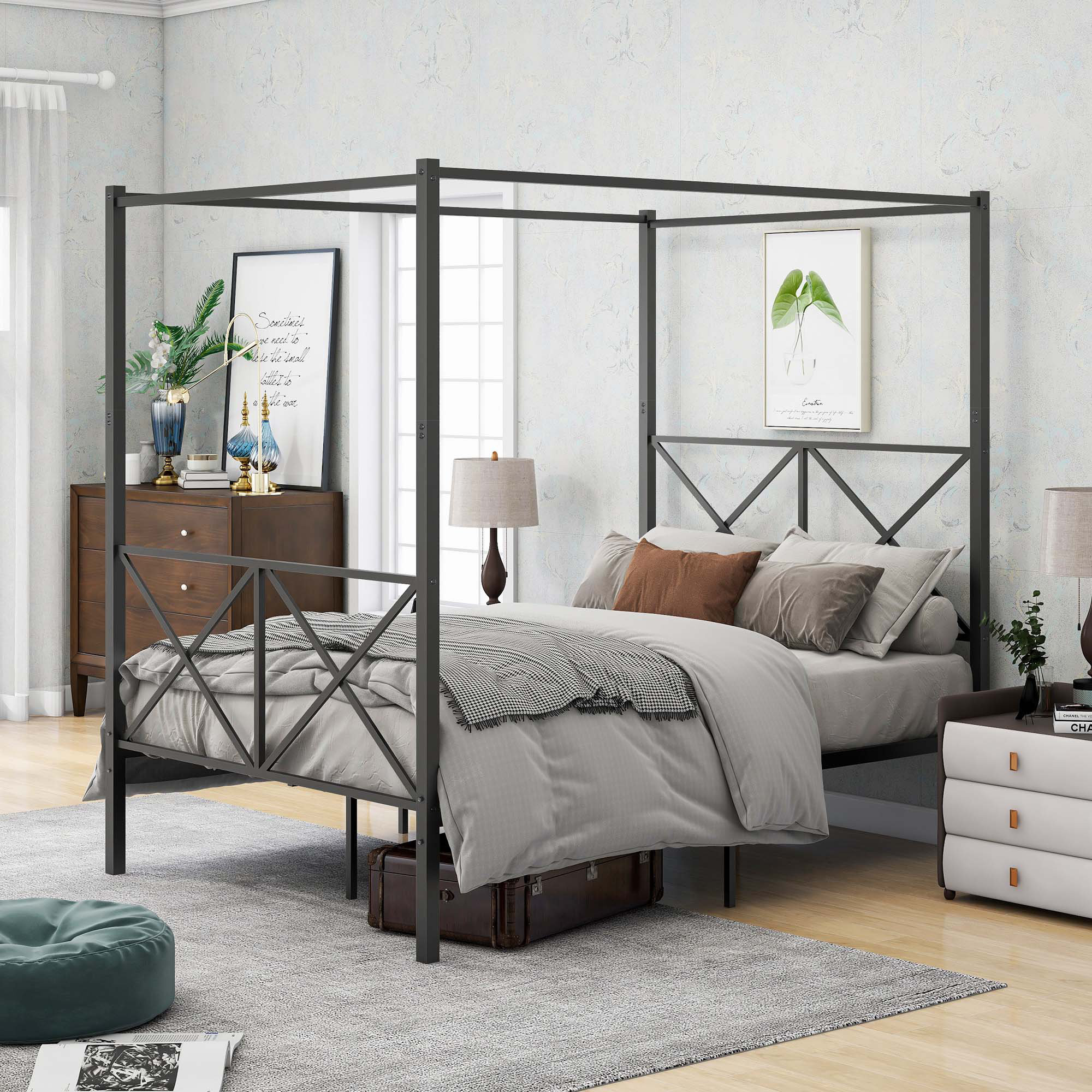 MSTYLE Metal Canopy Bed Frame, Platform Bed Frame With X Shaped Frame ...
