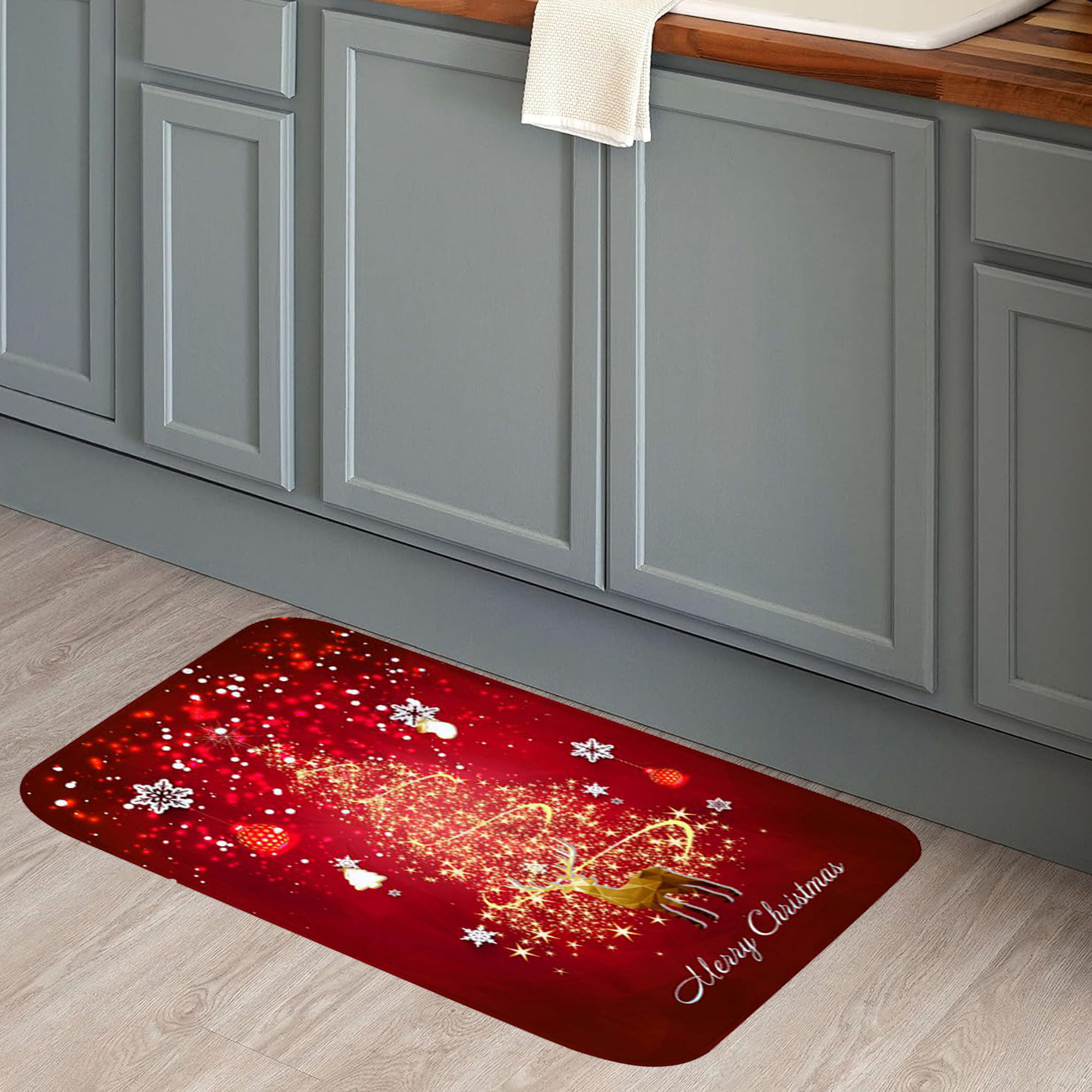 The Holiday Aisle® Christmas Non-Slip Kitchen Rugs with Golden Elk ...