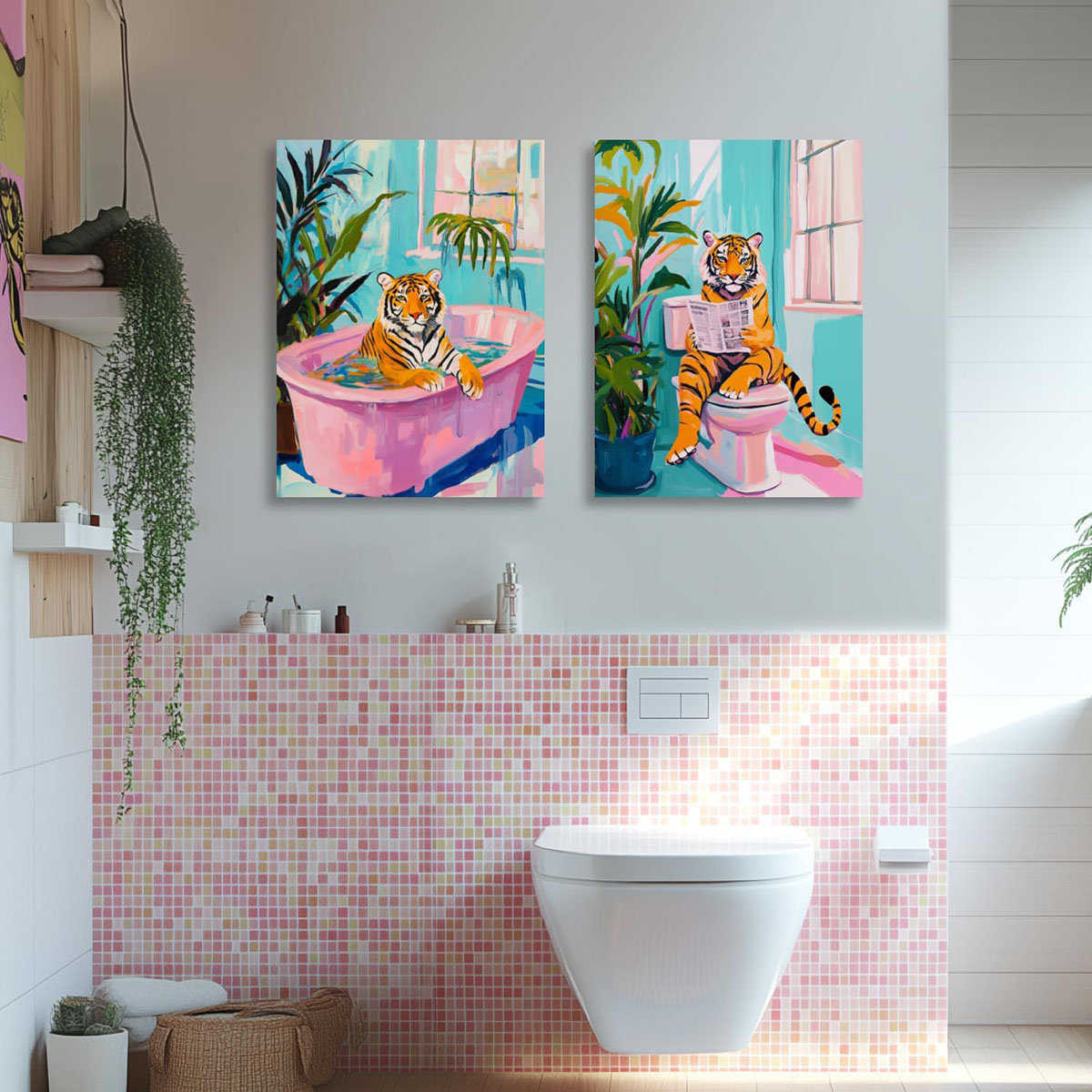 Dakota Fields Funny Pink Tiger Wall Art, Cute Tiger Reading Newspaper ...