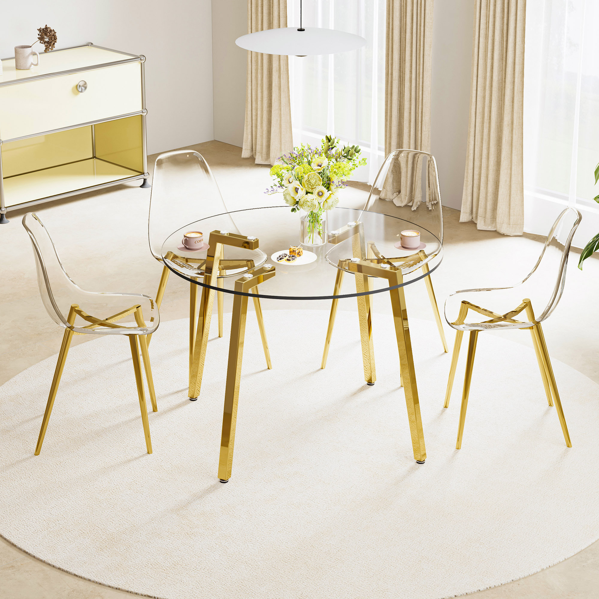 Mercer41 Table And Chair Set.Modern Circular Transparent Tempered Glass ...