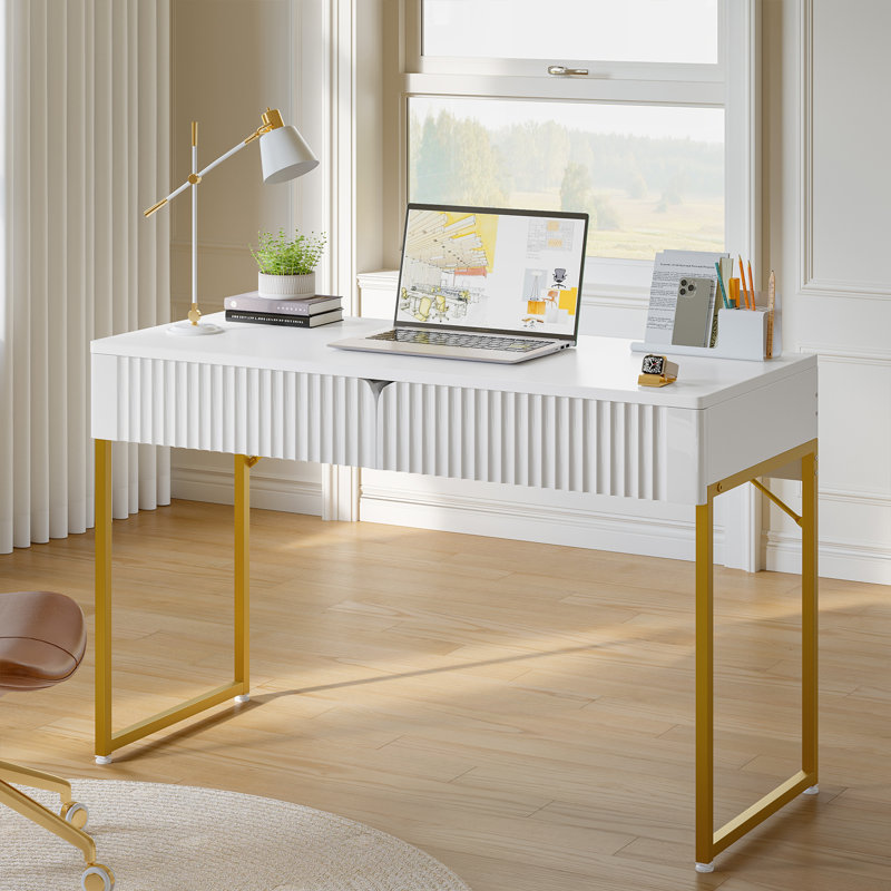 Mercer41 47''Elegant Fluted Computer Desks with 2 Drawers,Modern White ...