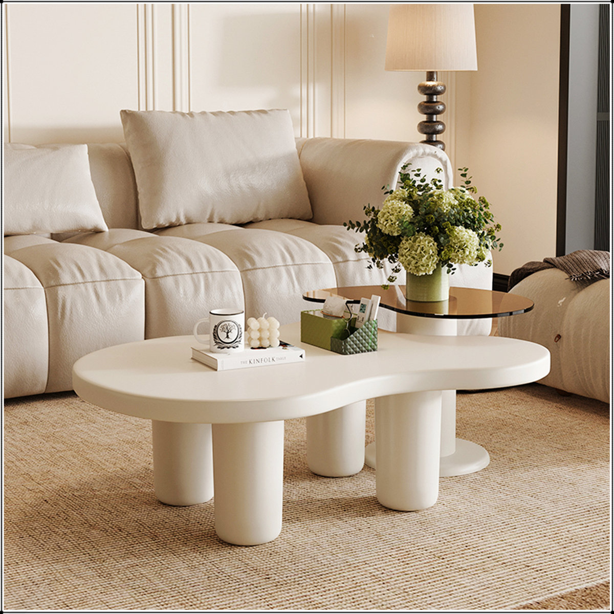 MR Cream White Modern Nesting Coffee Tables Set Of 2, 2 In 1 Irregular ...