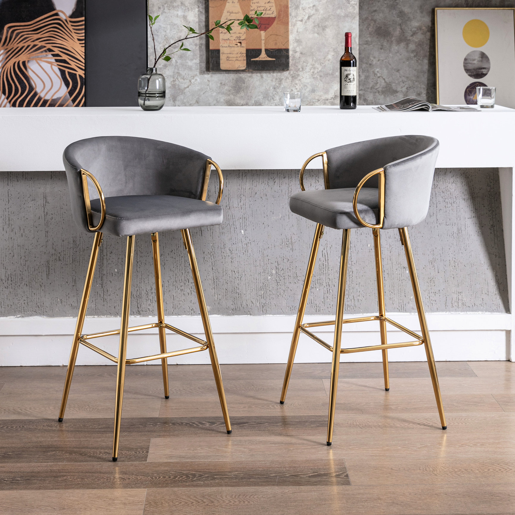 Mercer41 26 Inch Two Bar Stools, Gray Foam Filled Seat, Golden Legs ...