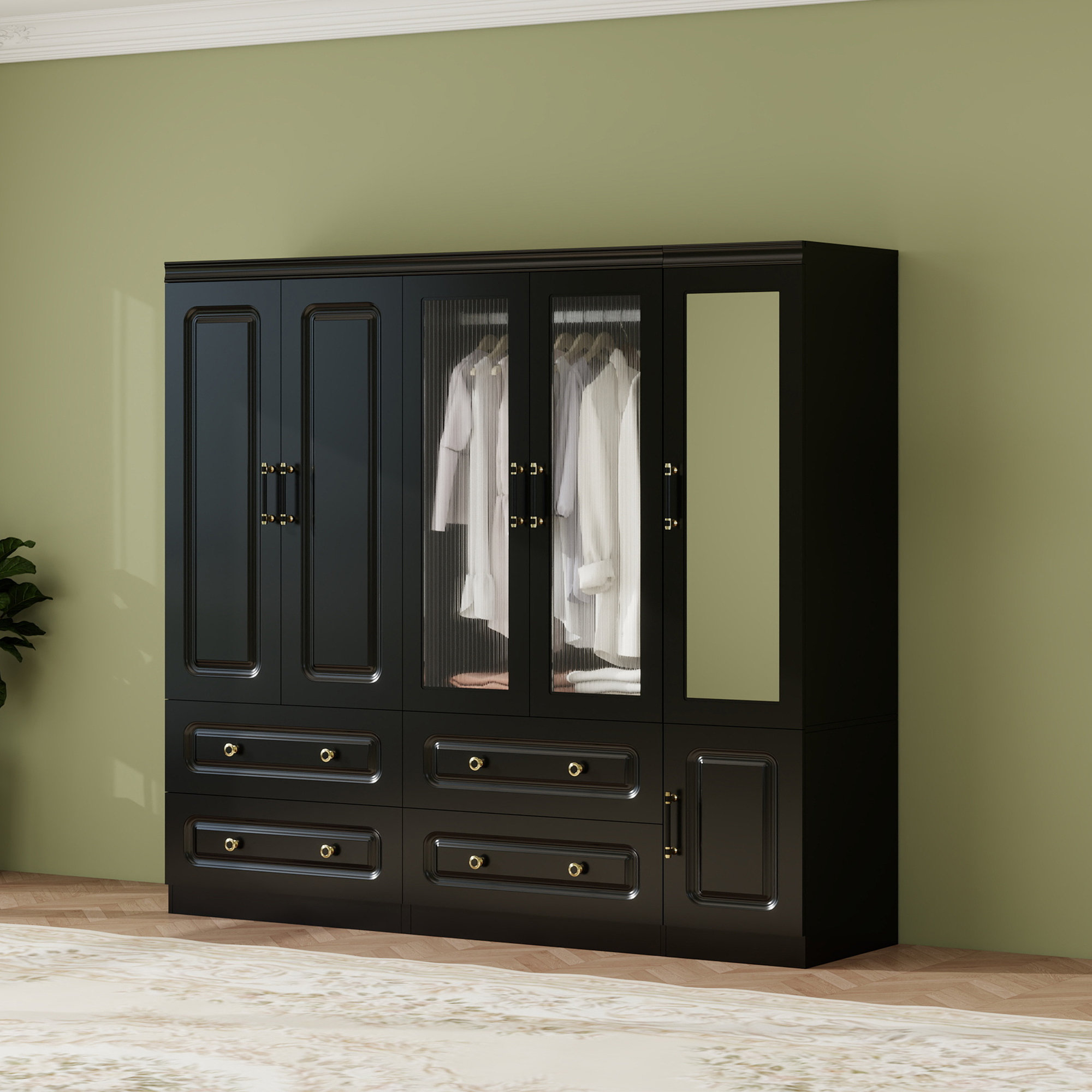Red Barrel Studio Black Armoire Wardrobe Closet with Five Doors and ...