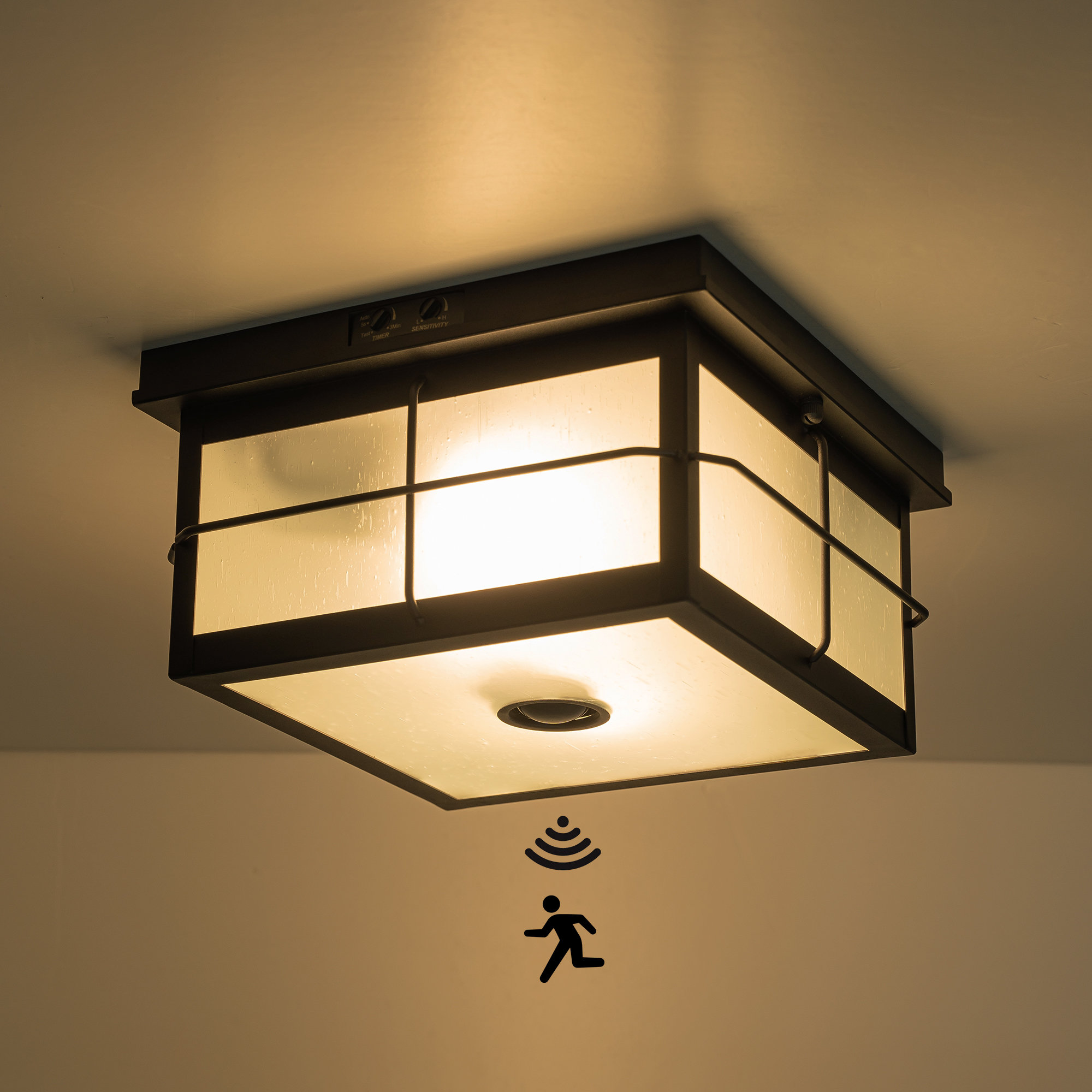 FTL Square Motion Sensor Flush Mount Outdoor Ceiling Light With Frosted ...