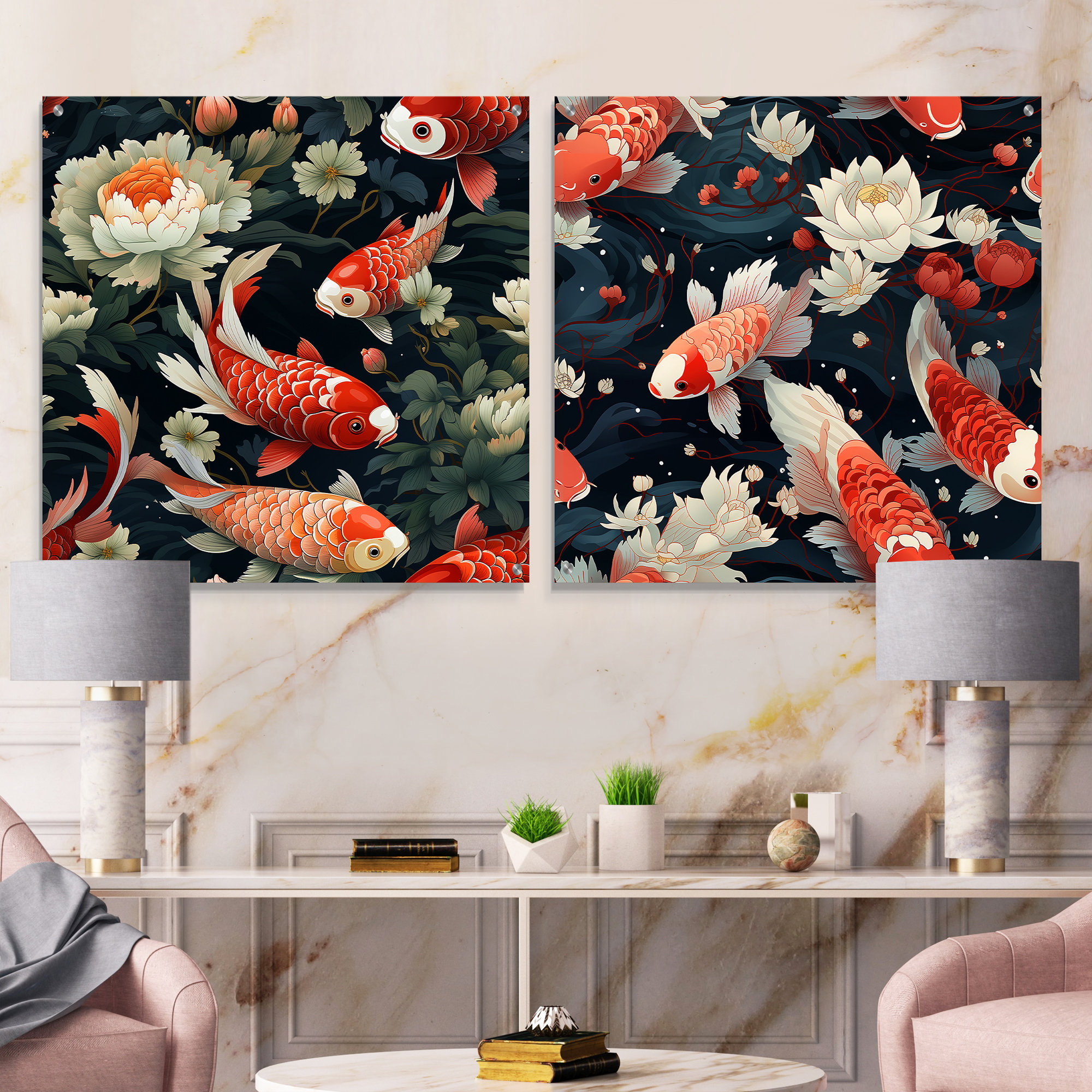 Design Art Koi Fish Harmony Watercolor Wonders - Japan Acrylic Wall Art ...