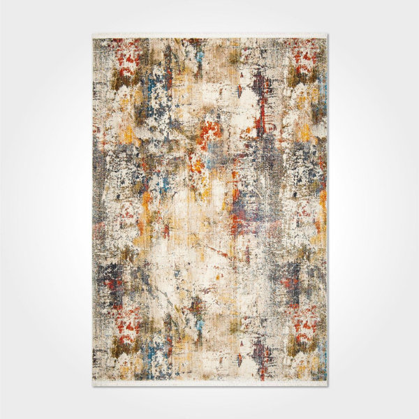 17 Stories Destiny Cream Abstract Cotton Machine Made Area Rug ...