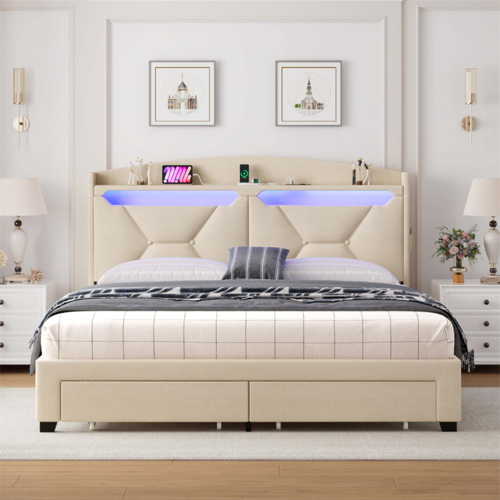 Wrought Studio™ QUEEN Size Storage Headboard With Built-In RF LED ...