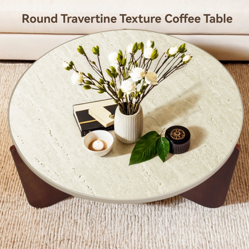Ivy Bronx Elegant Round Travertine Texture Coffee Table – 30” Stone ...