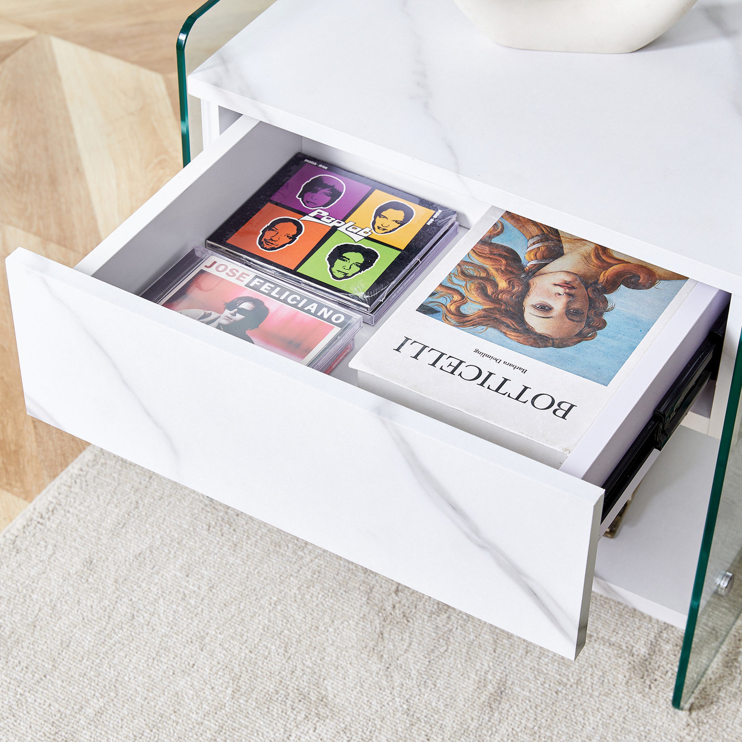 Wrought Studio™ End Table with 1 drawer, buttom shelf and galss sled ...