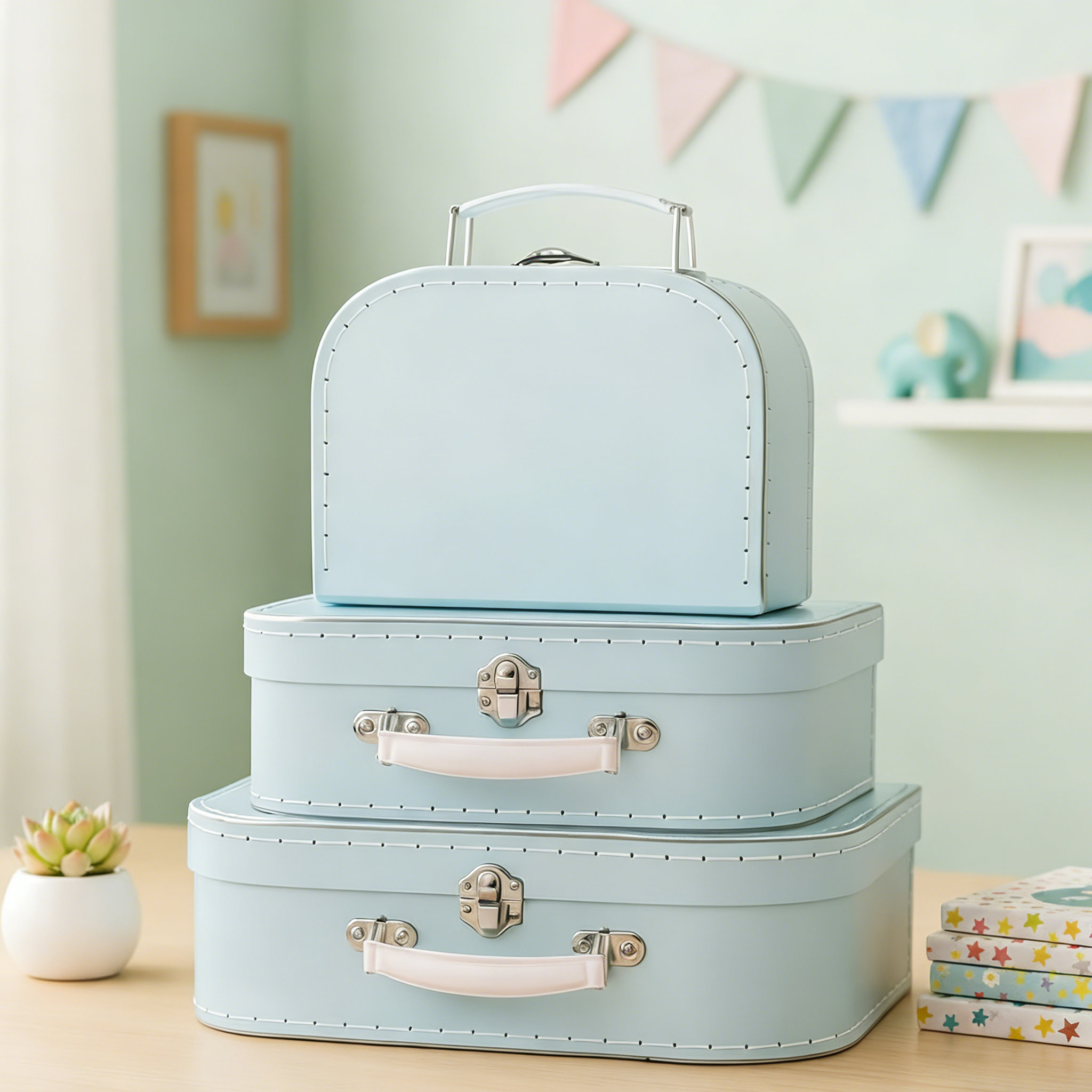 Trinx Vintage Paperboard Suitcase Set Of 3 | Baby Blue Pastel Storage ...