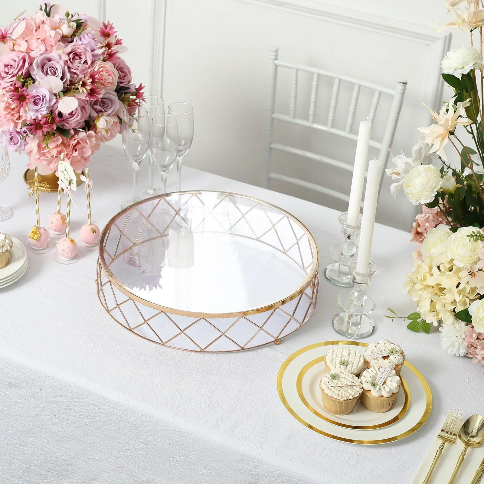 Everly Quinn 16" Round Metal Geometric Cake Stand Cake Riser With Glass ...