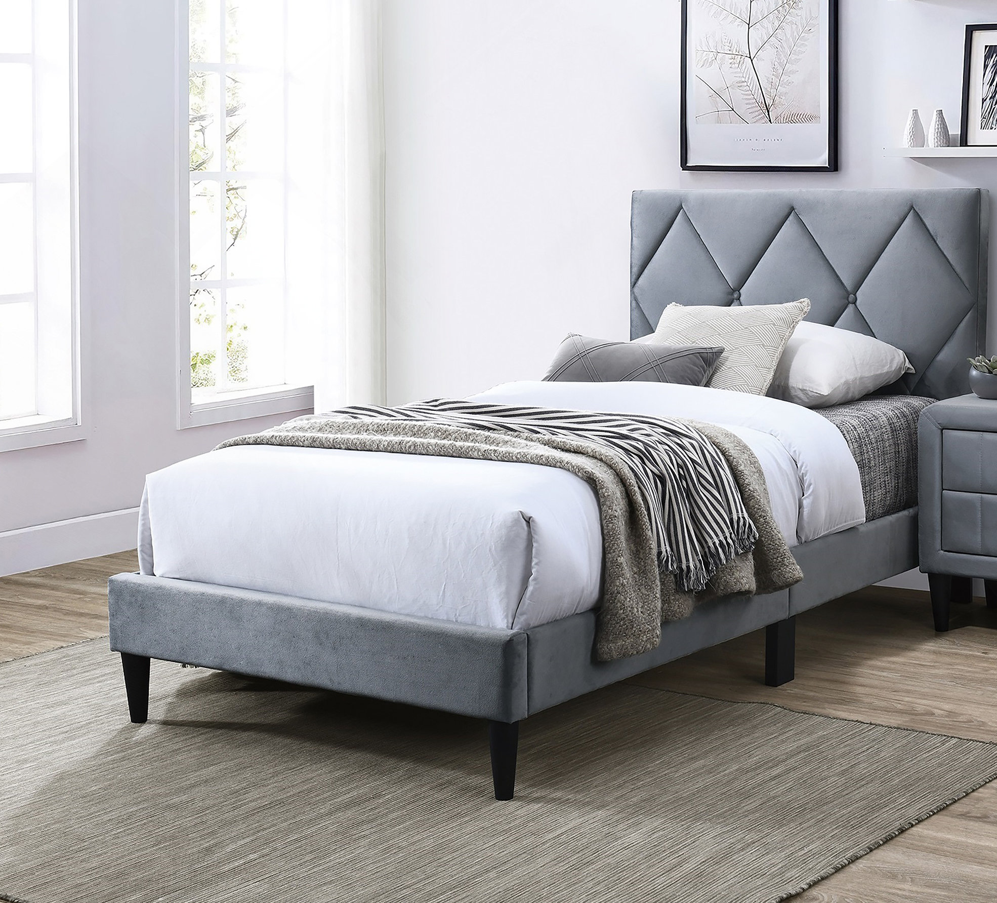 Latitude Run® Bed w Adjustable Headboard 1pc Bedframe, Grey Velvet ...