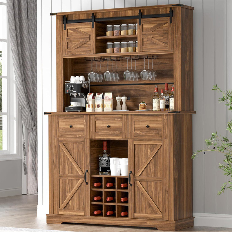 August Grove 72" Coffee Bar Cabinet, Sliding Barn Door & Wine Rack ...