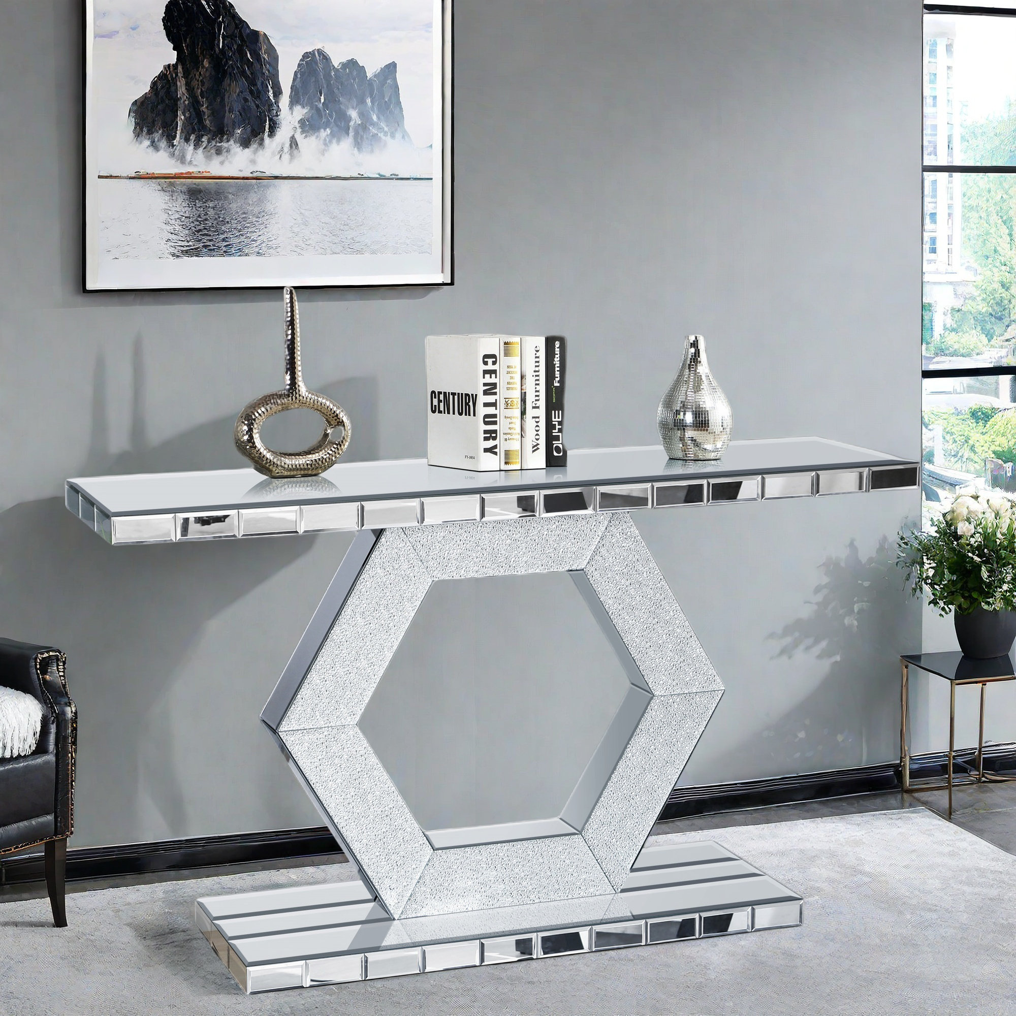 Mercer41 Sparkling Console Table With Diamond Glass Effects And ...