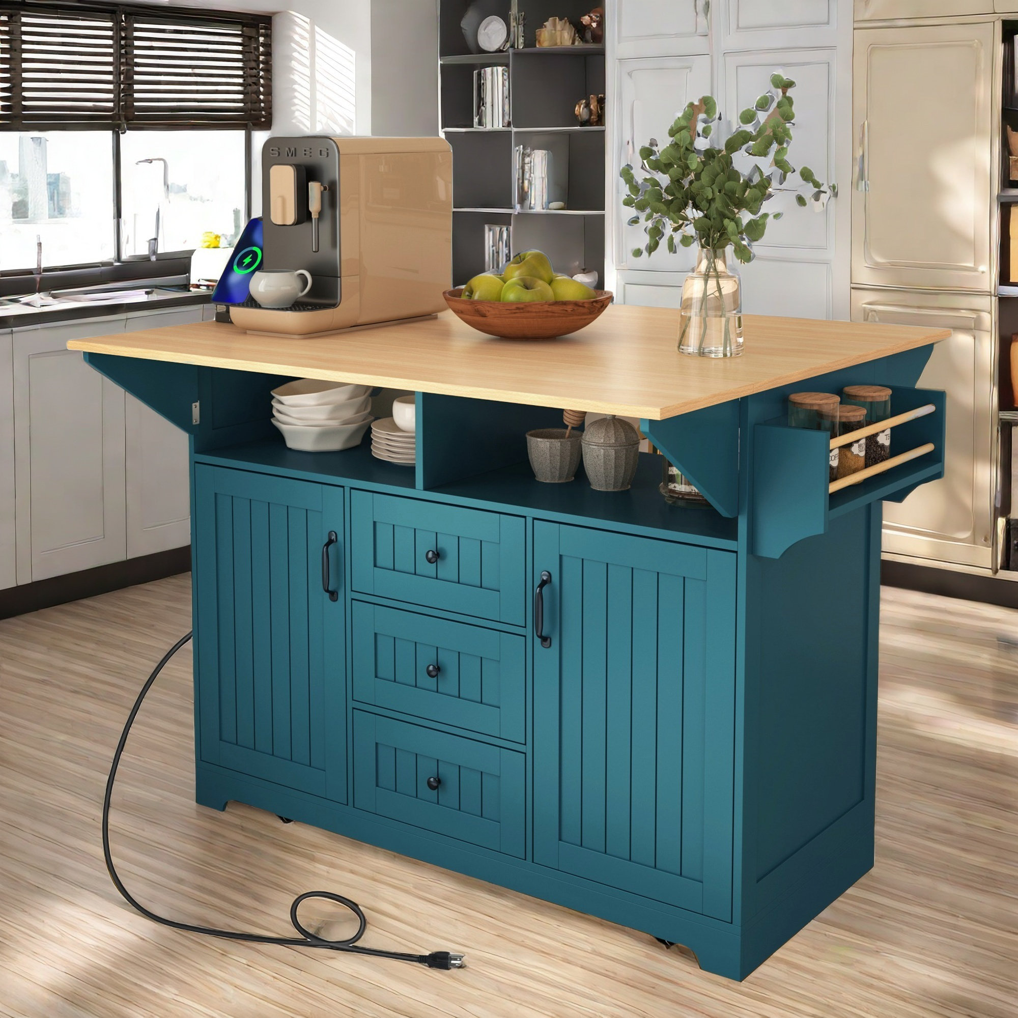 Lark Manor™ Erville Kitchen Island With 2 Drop Leaf, Power Outlet ...