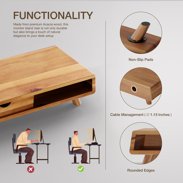 George Oliver Acacia Wood Monitor Stand With Drawer - Wooden Monitor ...