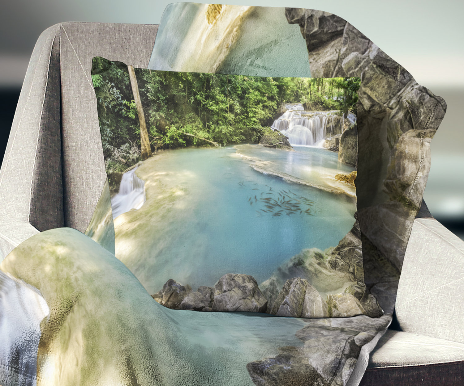Design Art Blue Erawan Waterfall - Landscape Printed Pillow | Wayfair