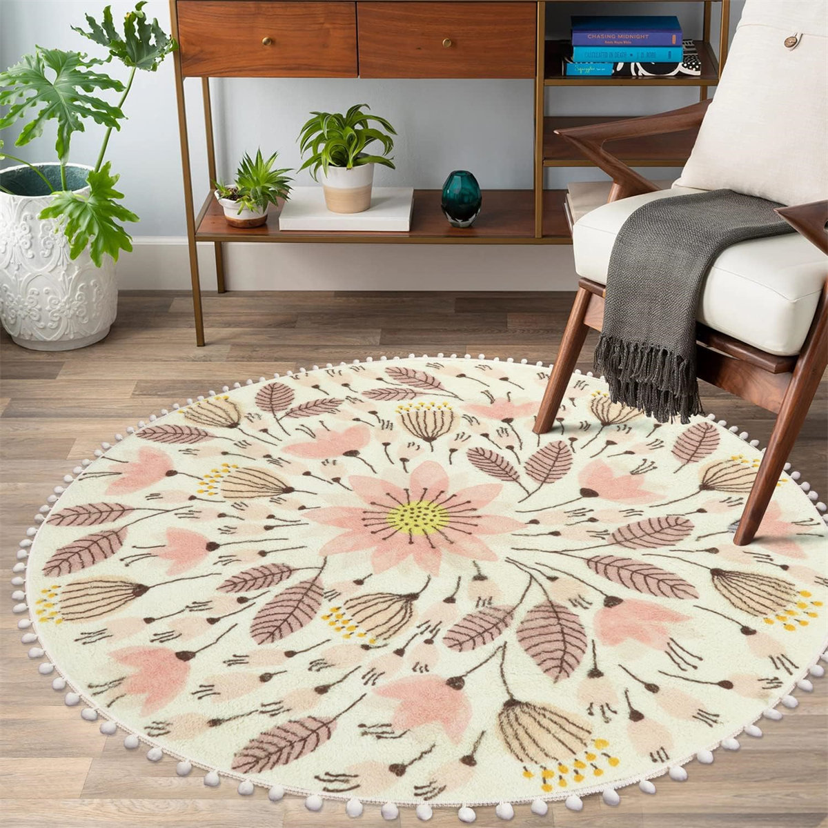 Lark Manor Round Rug For Bedroom 5.3' Circle Cute Area Rug With Pom ...