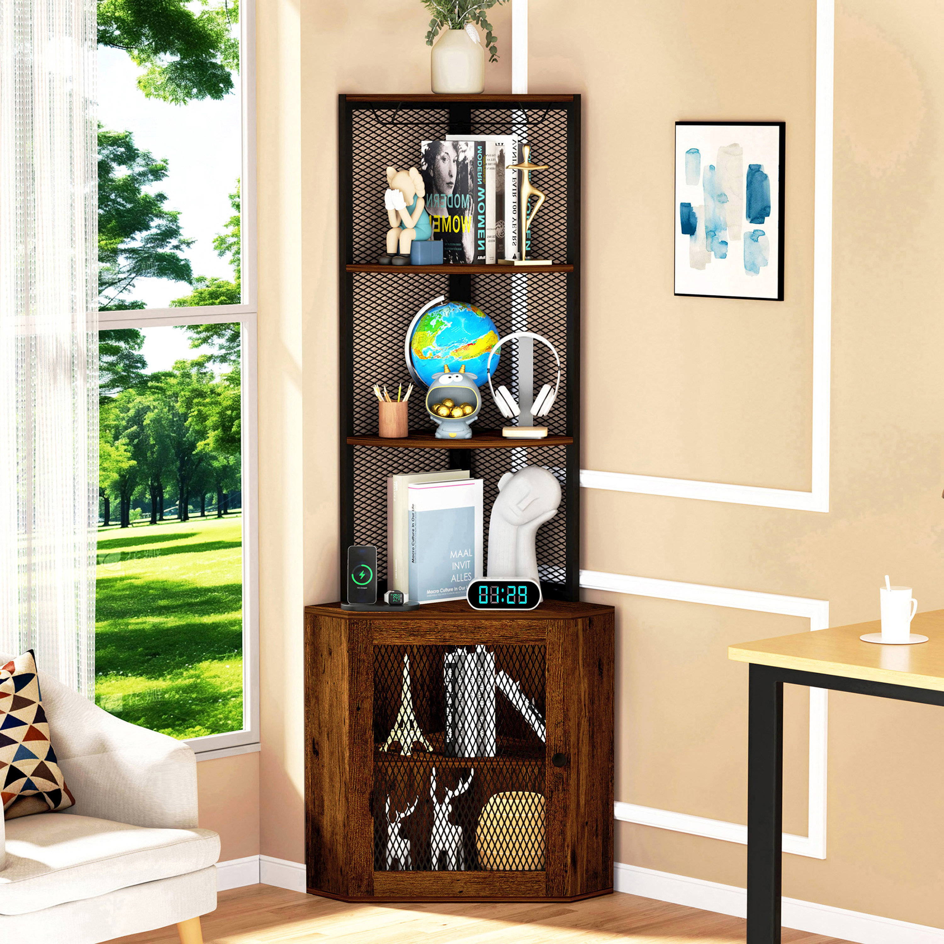 17 Stories Corner Shelf with Doors, 65" Corner Cabinet with Shelves ...