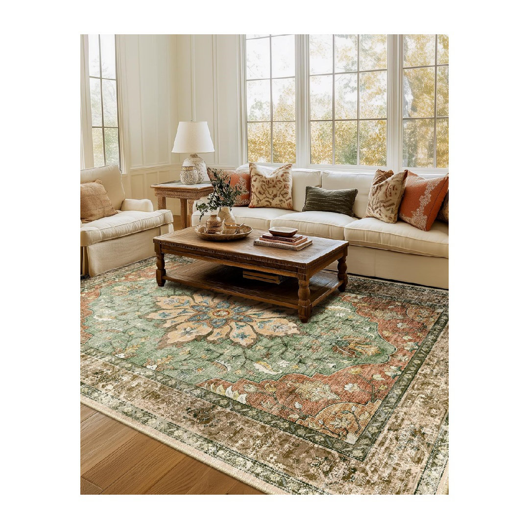 Bungalow Rose Area Rugs 8X10 Washable Non-Slip,Floral Vintage Distress ...